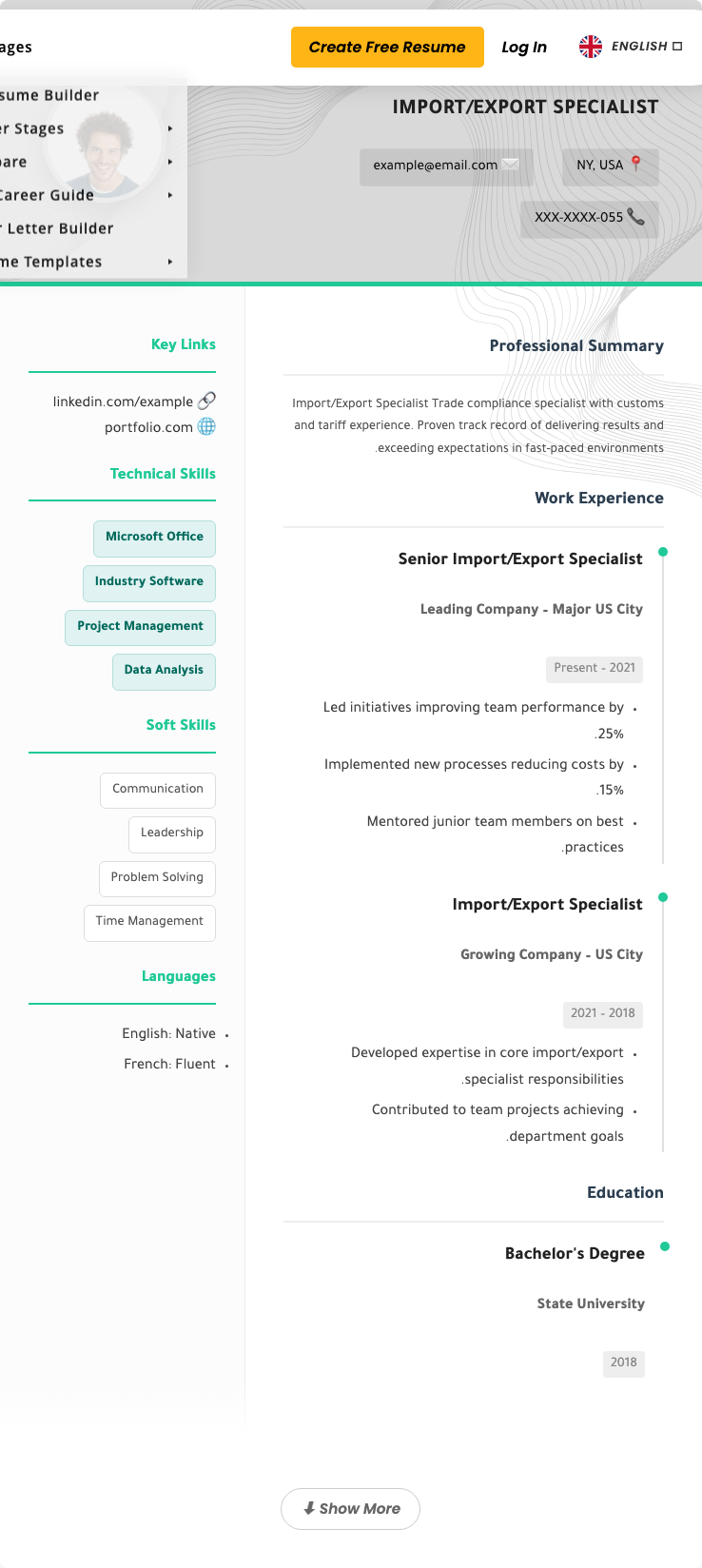 Import/Export Specialist Resume Example - Free Templates 2026 | StylingCV