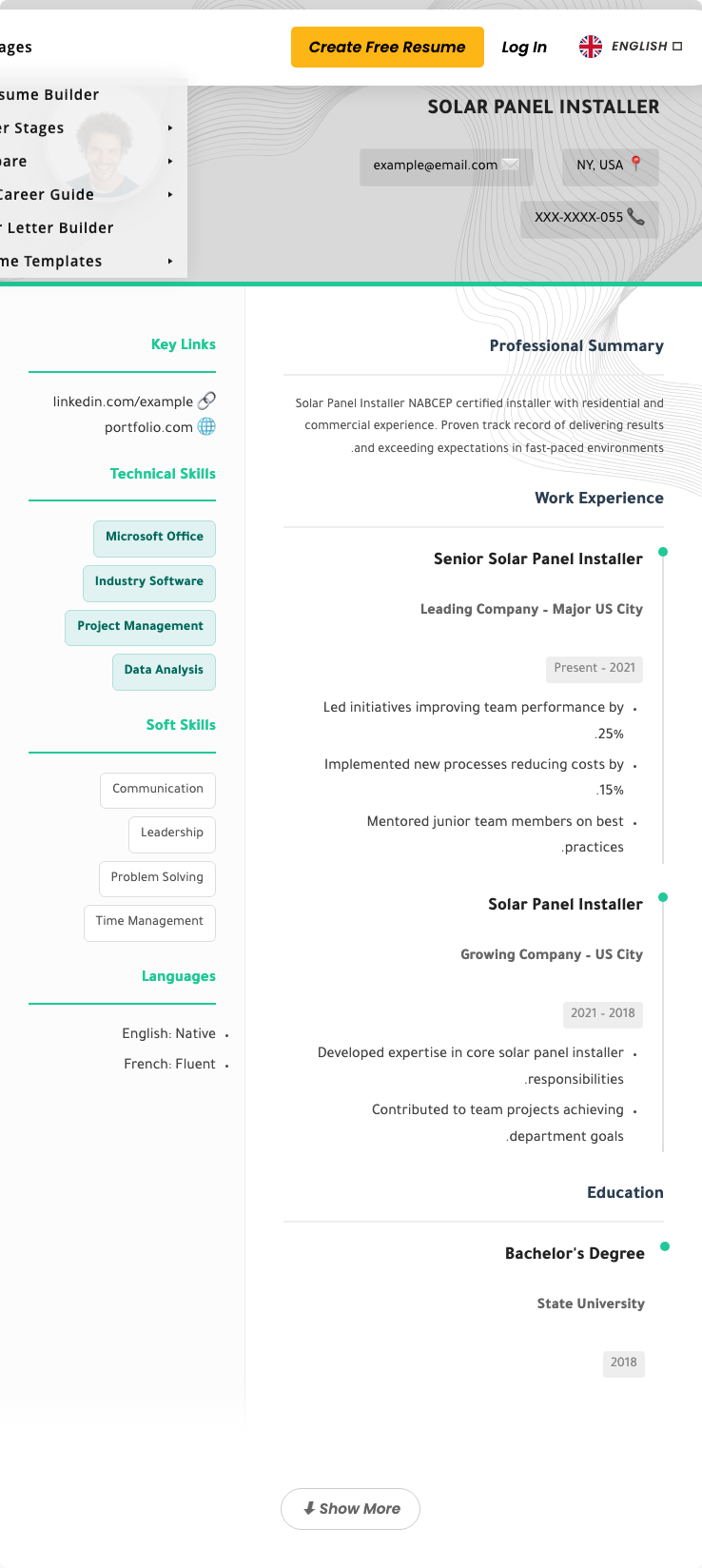 Solar Panel Installer Resume Example - Free Templates 2026